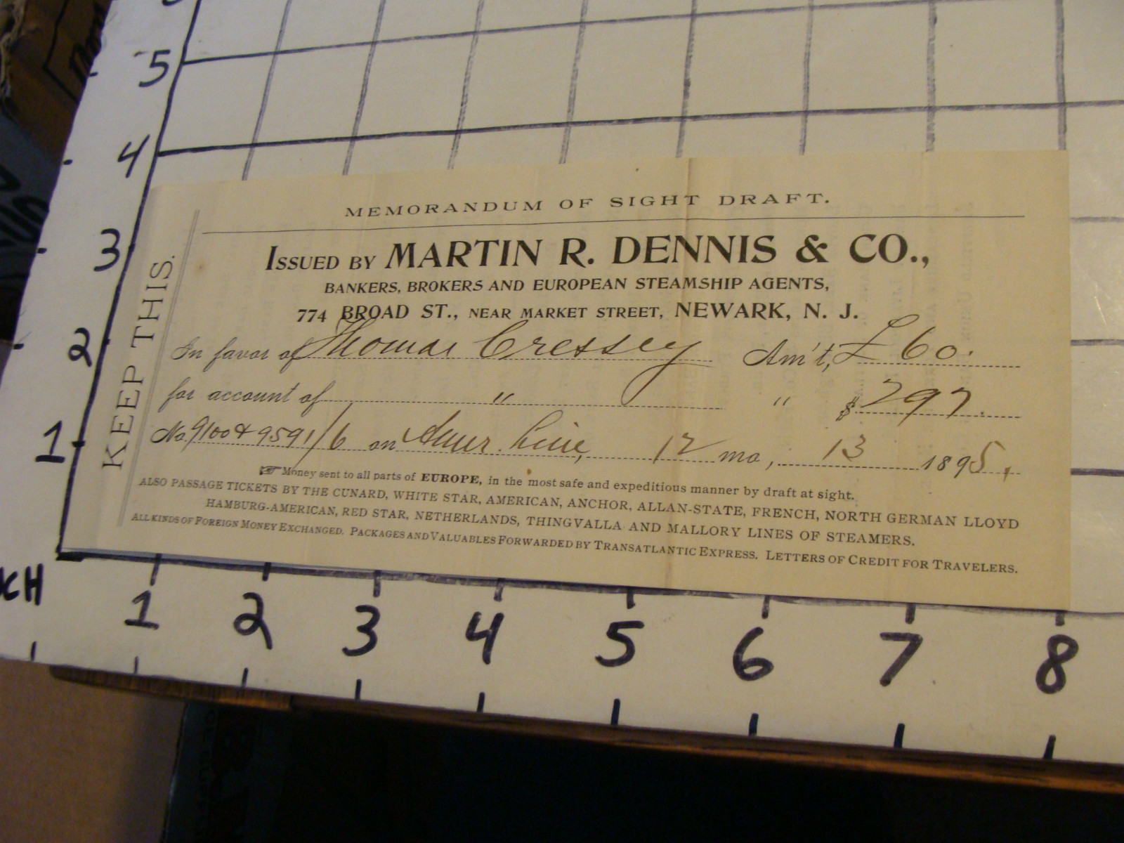 1895 "MEMORANDUM OF SIGHT DRAFT" Issued by MARTIN R. DENNIS & CO to ...