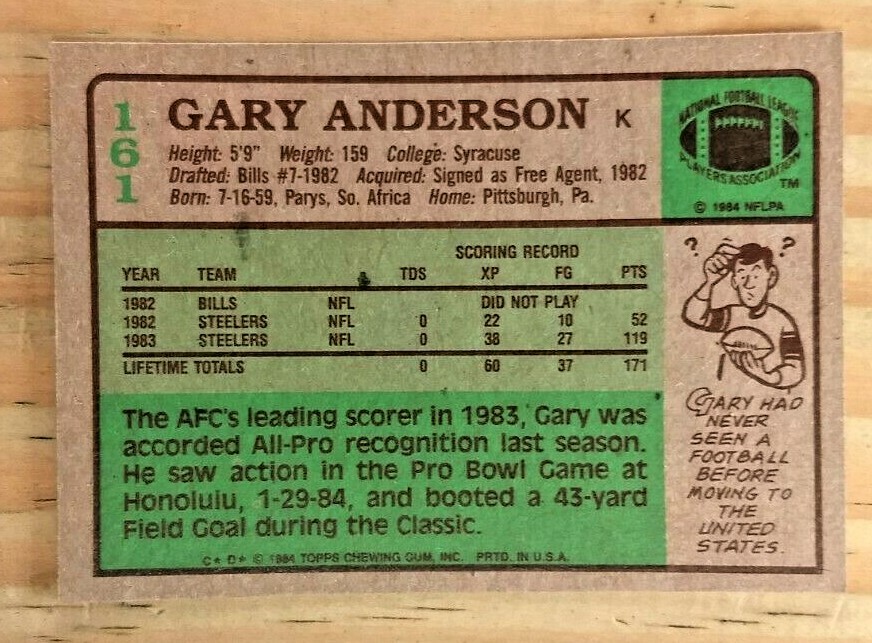 1984 TOPPS GARY ANDERSON CARD#161 NMMT PITTSBURGH STEELERS EAGLES ...