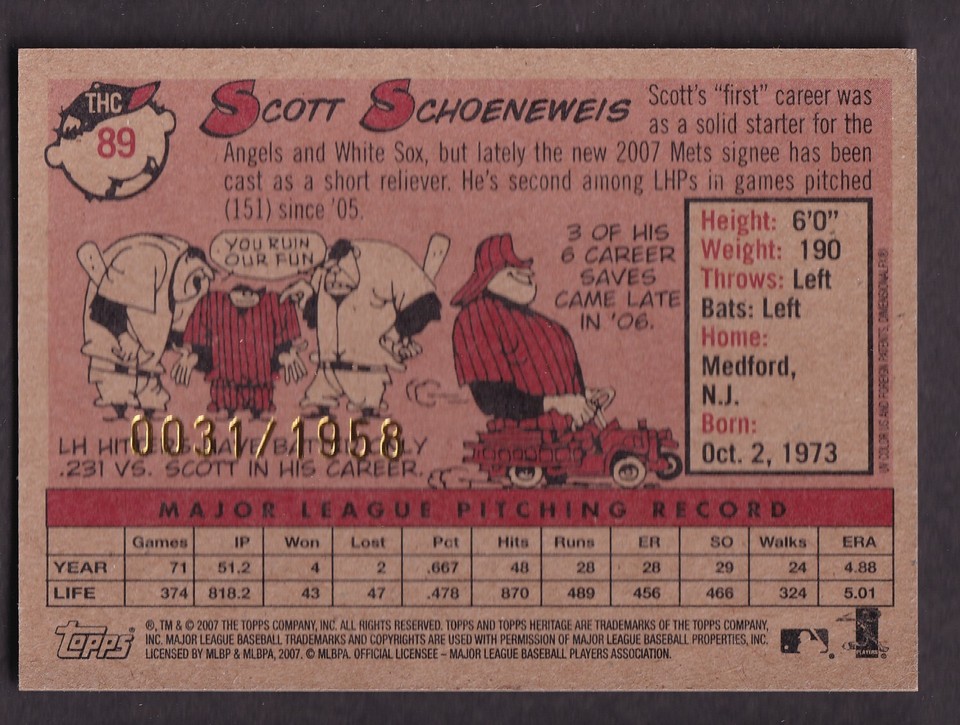 Scott Schoeneweis 2007 Topps Chrome Heritage Card #89 NY Mets /1958 | eBay