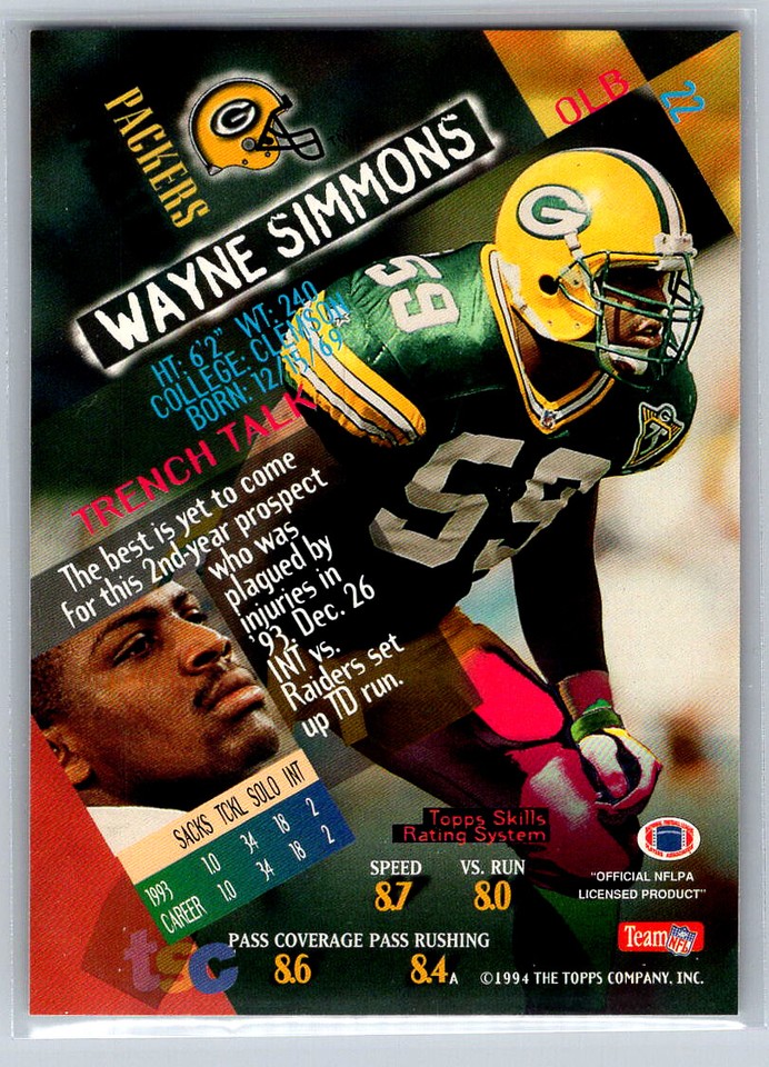 # 22 Wayne Simmons Green Bay Packers 1994 Stadium Club | eBay