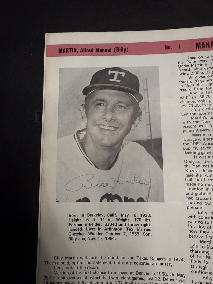 1974 Texas Rangers Souvenir Program Signed Billy Martin Dave Nelson ...