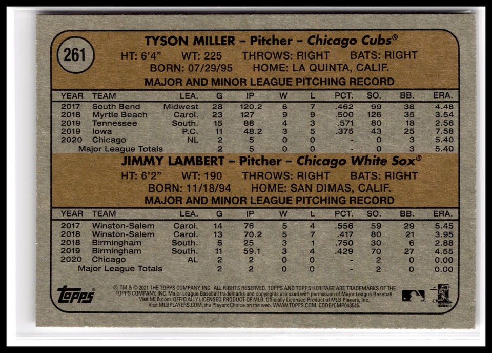 2021 Topps Heritage #261 NL/AL 2021 Rookie Stars (Tyson Miller / Jimmy ...
