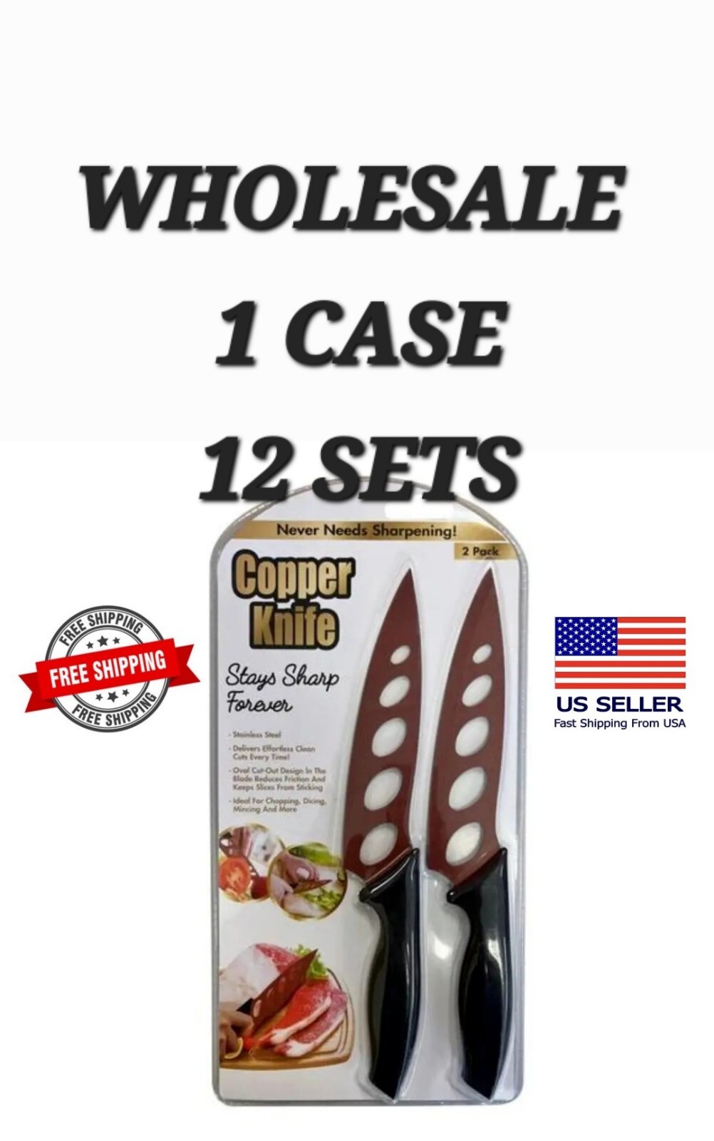 Copper Knife 2 pk Stainless Steel Copper Coating Stays Sharp Forever ...
