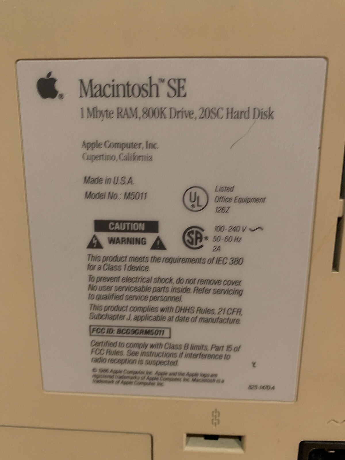 Vintage Apple Macintosh SE M5011 1MB RAM 800K Drive 20SC Hard Disc ...