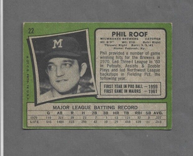 Phil Roof Milwaukee Brewers 1971 Topps #22 | eBay