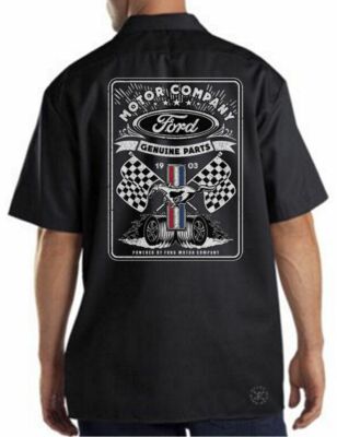 Ford Motor Company Mechanics Work Shirt ~ Racing Flags ~ Mustang V8 ...