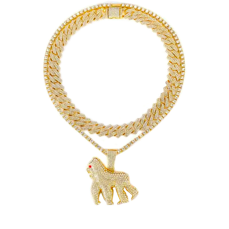 Hip Hop Gorilla pendant 18" Full Iced Cuban & 20" Tennis Cubic Zirconia ...