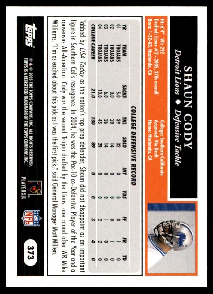 2005 TOPPS SHAUN CODY DETROIT LIONS #373 | eBay