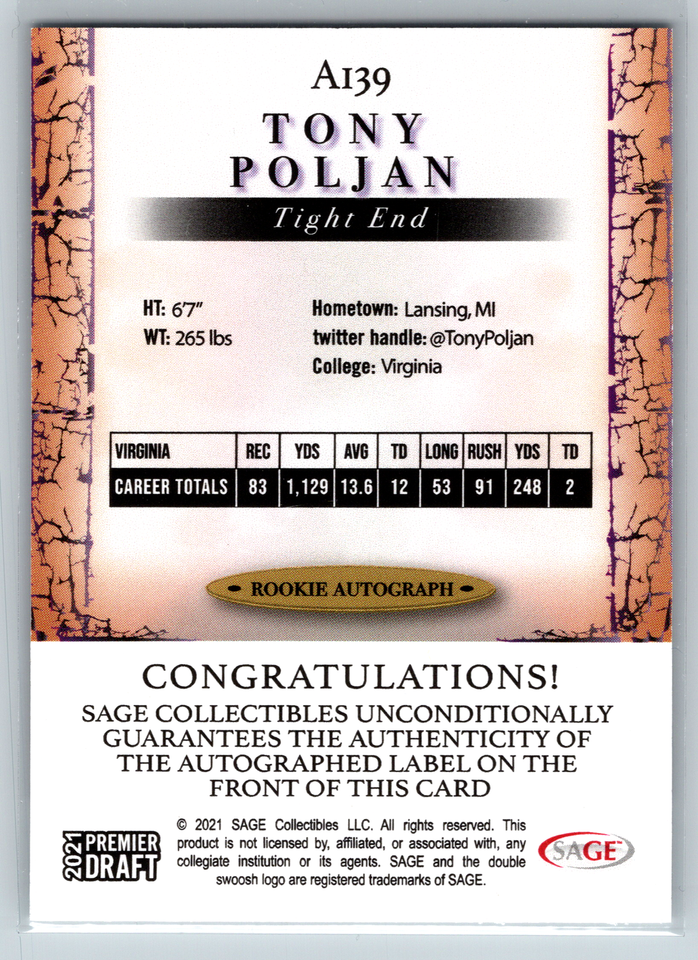 Tony Poljan 2021 SAGE Premier Draft Autographs AU #A139 Virginia ...