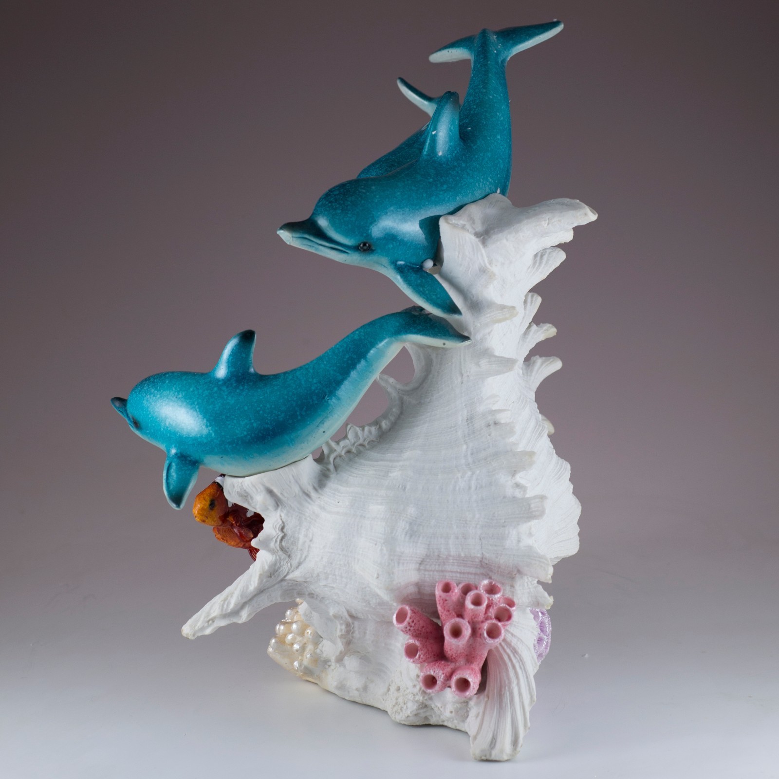 Blue Dolphins & Clown Fish Swimming Over LED Conch Shell Figurine ...