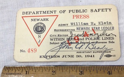 1941 Newark NJ Dept Public Safety press pass badge ID Star Ledger ...