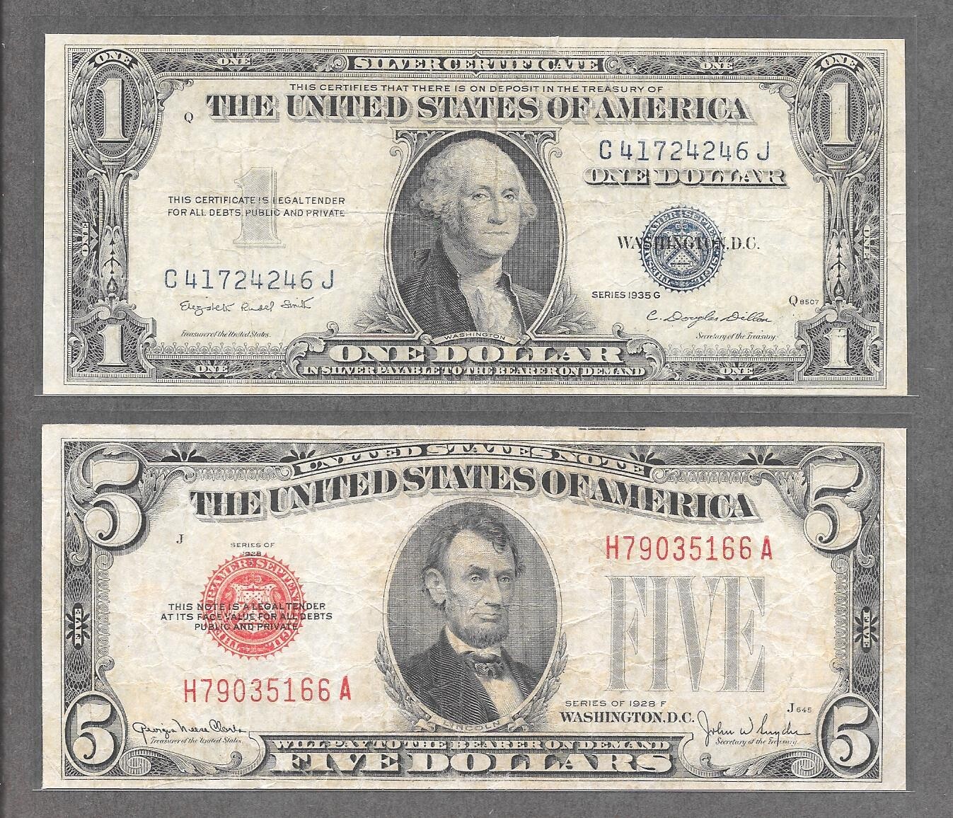 1928 F + 1935 G NO MOTTO - ( 2 ) $1 + $5 Red Seal & Silver Certificate ...