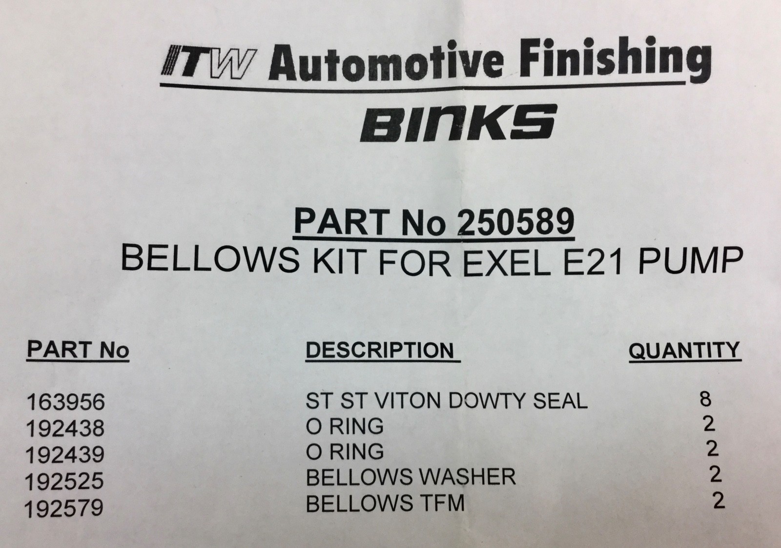 ITW BINKS 250589 BELLOWS KIT FOR EXEL SERIES E21 PUMP NEW IN PKG | eBay