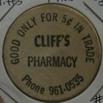 Vintage Cliff's Pharmacy Wooden Nickel - Token Drug Store #1 | eBay