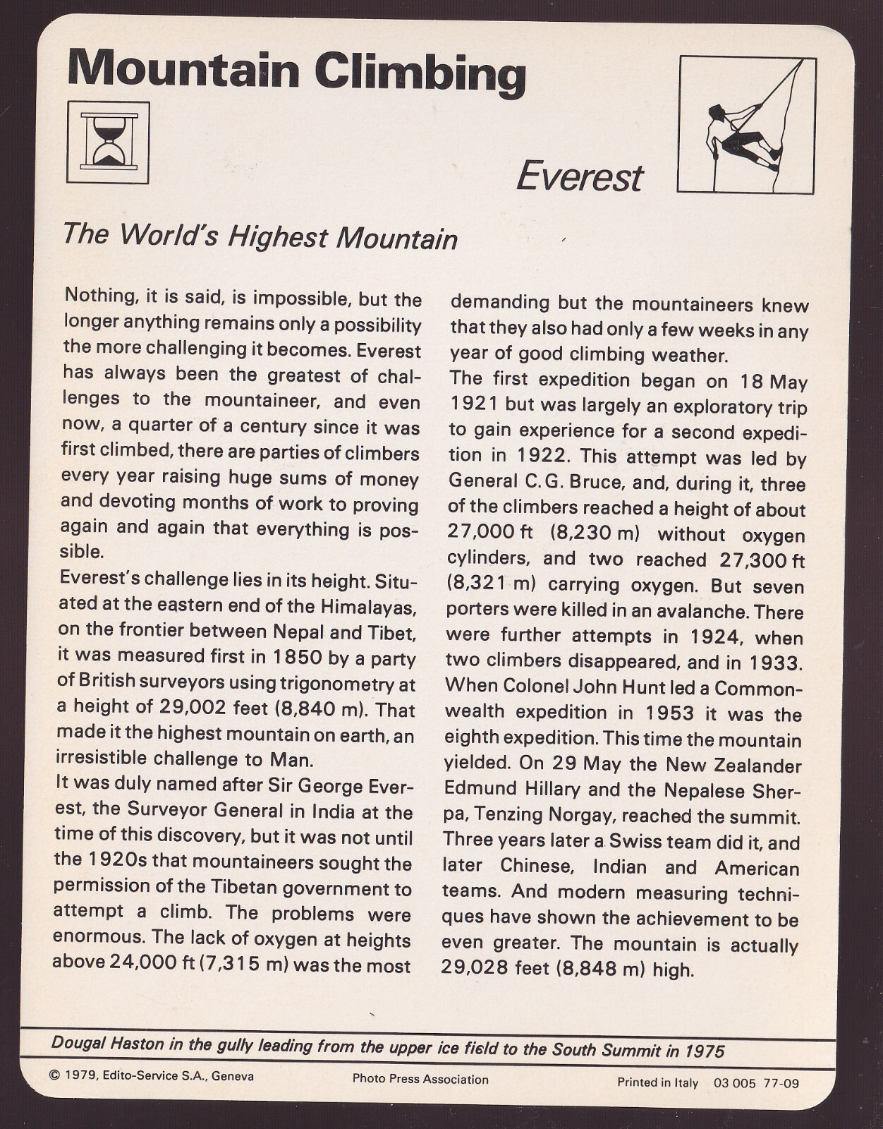 MOUNT EVEREST Dougal Haston Mountain Climbing 1979 SPORTSCASTER CARD ...