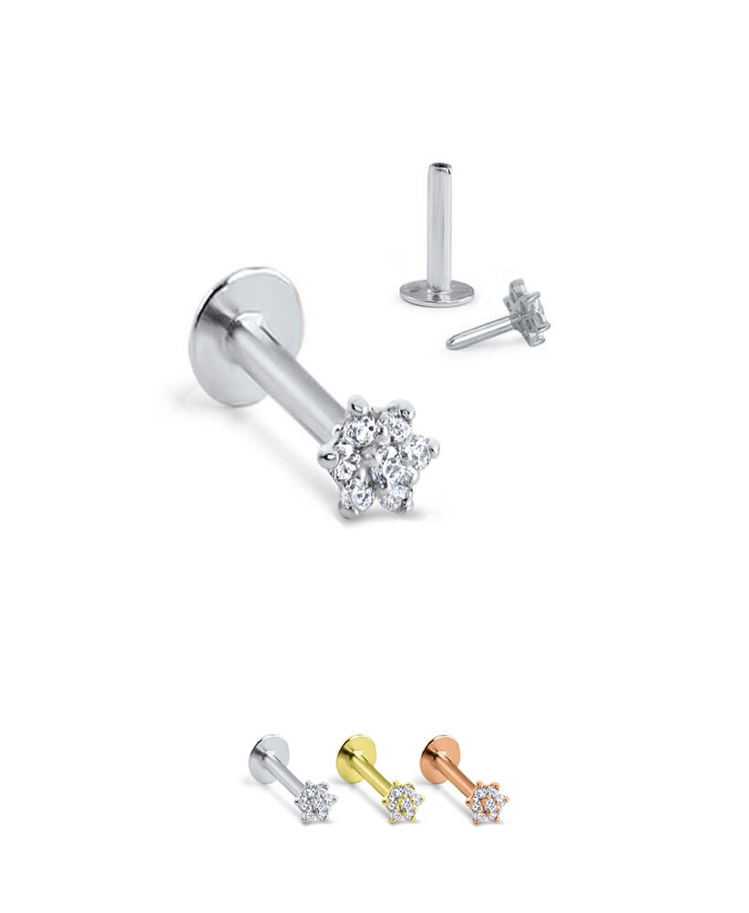 14K White, Yellow, Rose Gold Threadless Labret Nose Ring Flower 20G 18G ...