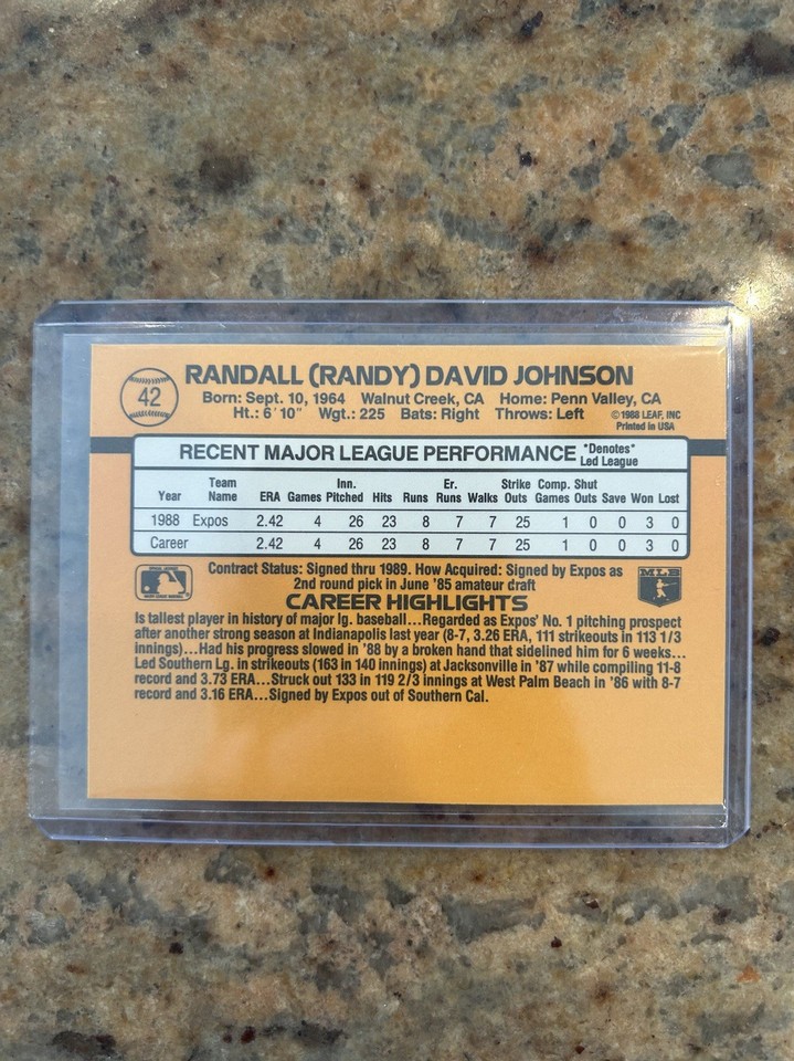 1989 Randy Johnson Donruss Rated Rookie Card #42 *TRIPLE ERROR* | eBay