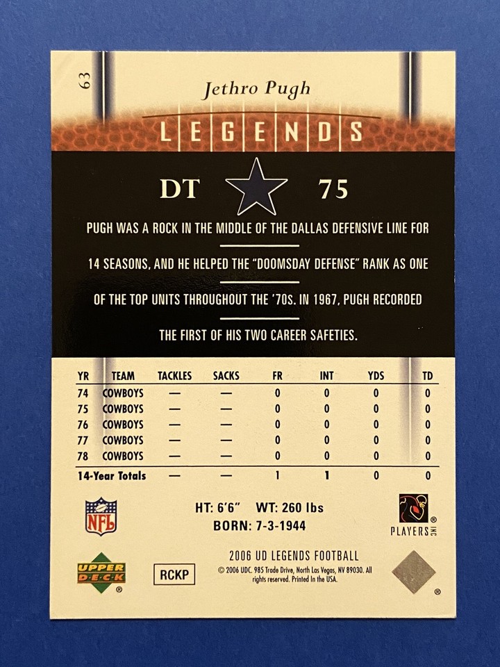 JETHRO PUGH (Dec) Signed 2006 UD Legends #63 Dallas Cowboys Autograph ...