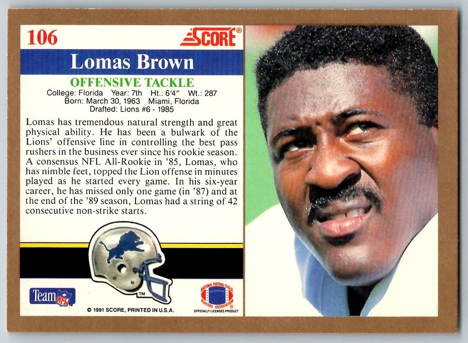 1991 SCORE LOMAS BROWN DETROIT LIONS #106 | eBay