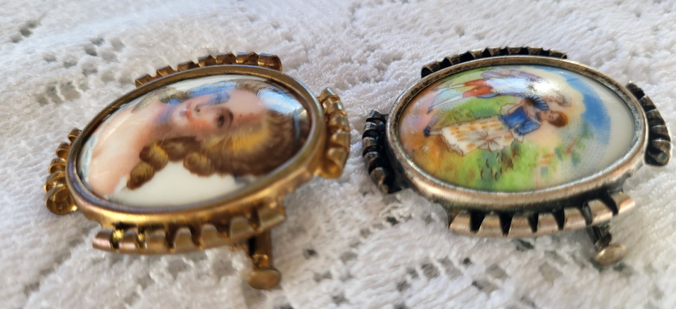 2 Antique Cameo Limoges France Brooch Pin Hand Painted Push-Pull ...