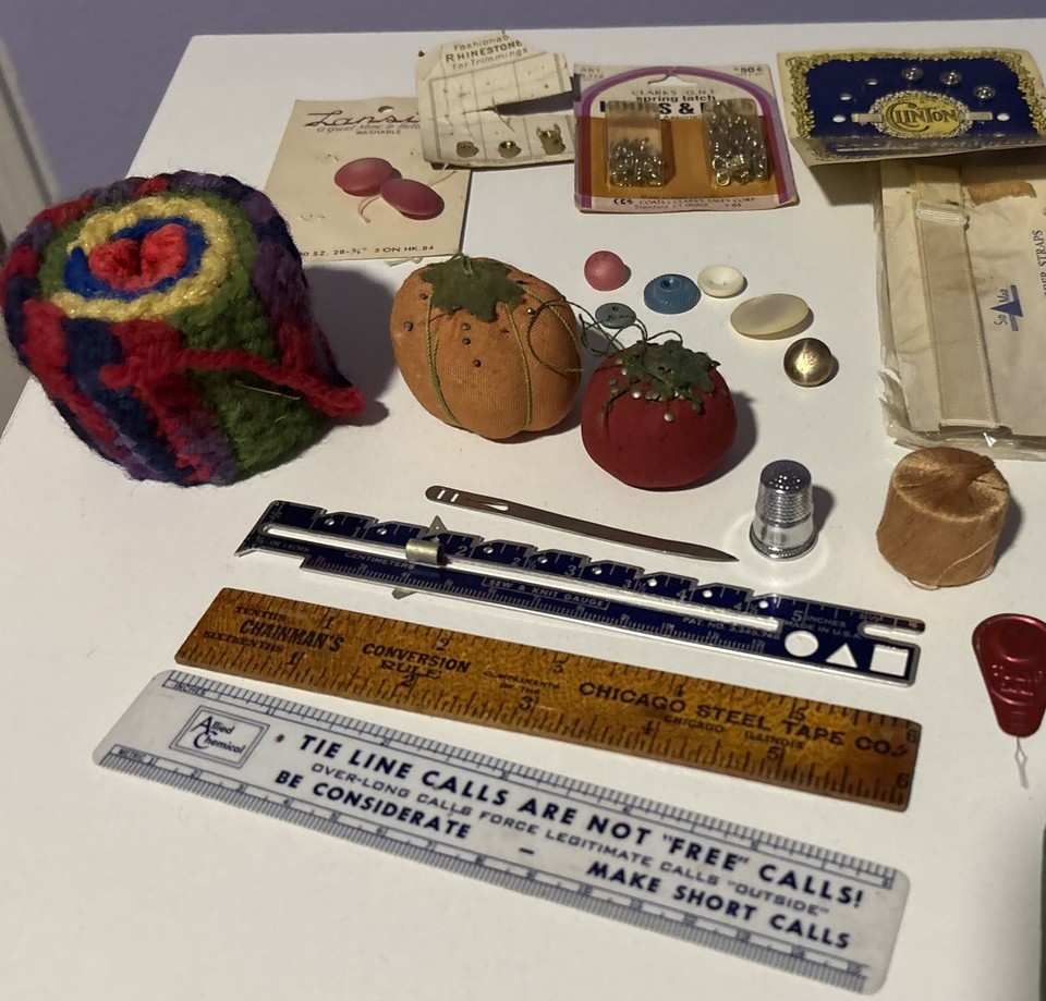 Vintage Sewing Notions Supplies Tools Lot Thimble Ruler Pin Cushions ...