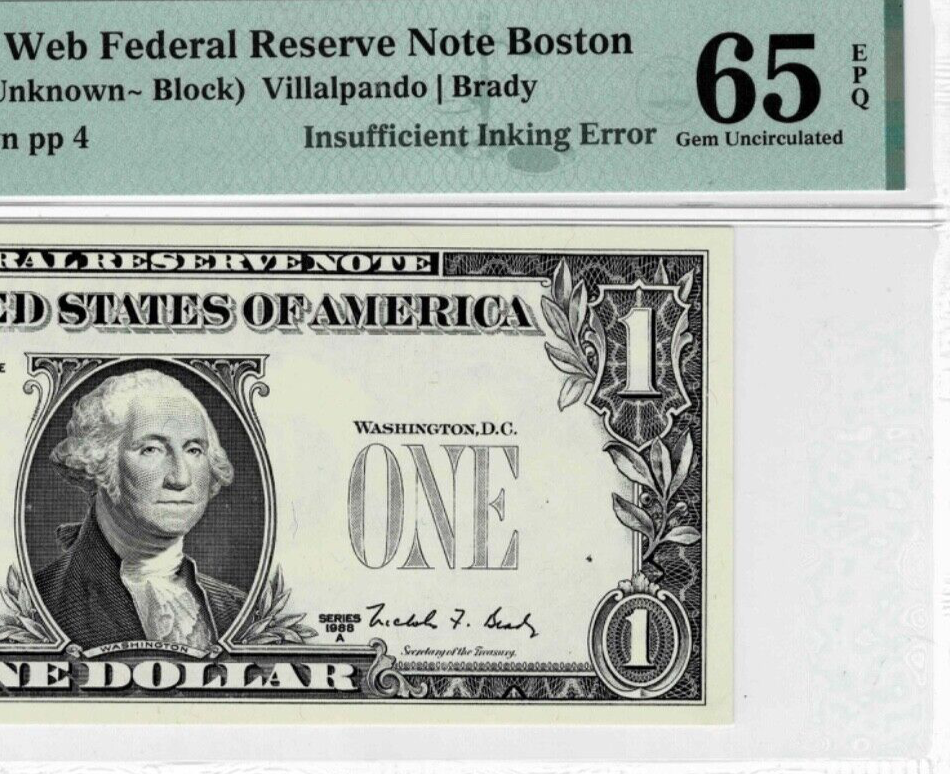 1988A $1 Federal Reserve 'WEB'Note ERROR-fr.1917-A (Insufficient INK ...
