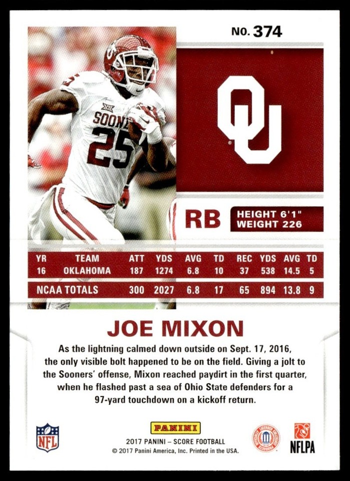 2017 Score Joe Mixon Rookie Oklahoma Sooners #374 | eBay