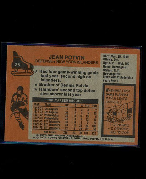 1975 Topps Hockey #36 Jean Potvin New York Islanders | eBay