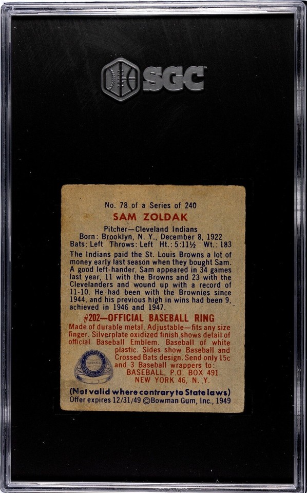SAM ZOLDAK 1949 BOWMAN #78 SGC 1 Name On Front - 1076931 Vintage ...