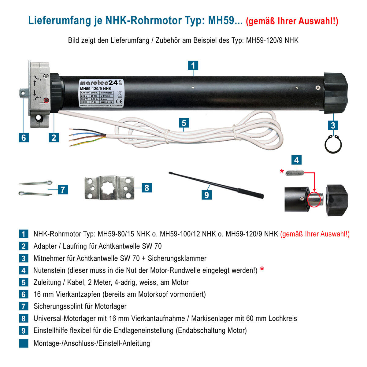 Rolladen Motor Markisen Antrieb Rolltor Rohrmotor NHK 80, 100, 120 Nm ...
