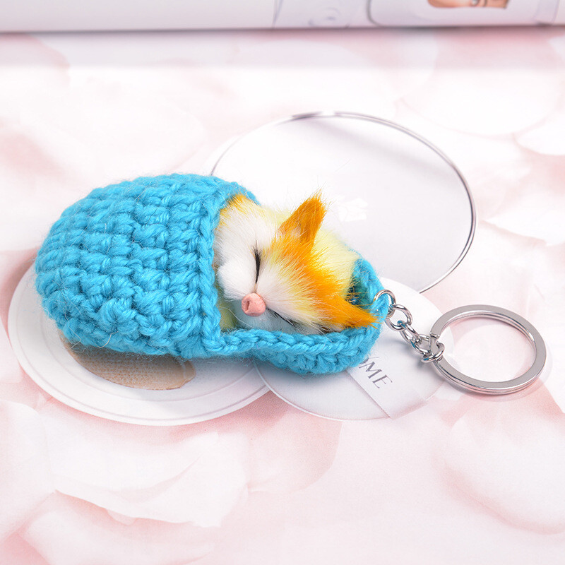 Cute Sleeping Cat Pompom Keychains Rings Car Fluffy Chains Key Kitten ...