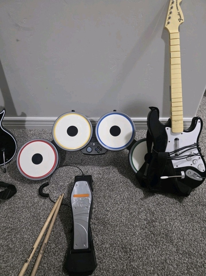 Xbox 360 RockBand DrumSet, 2 Guitars, Foot Pedal, Sticks NO LEGS TESTED ...