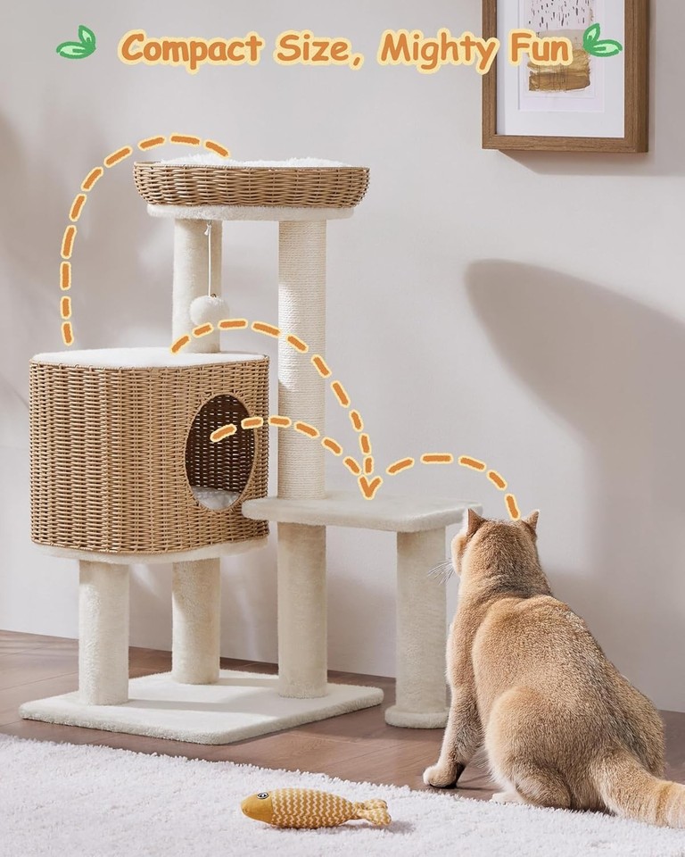 91cm Rattan Cat Tree Tower Wicker Bed Scratching Post Washable Cushion ...