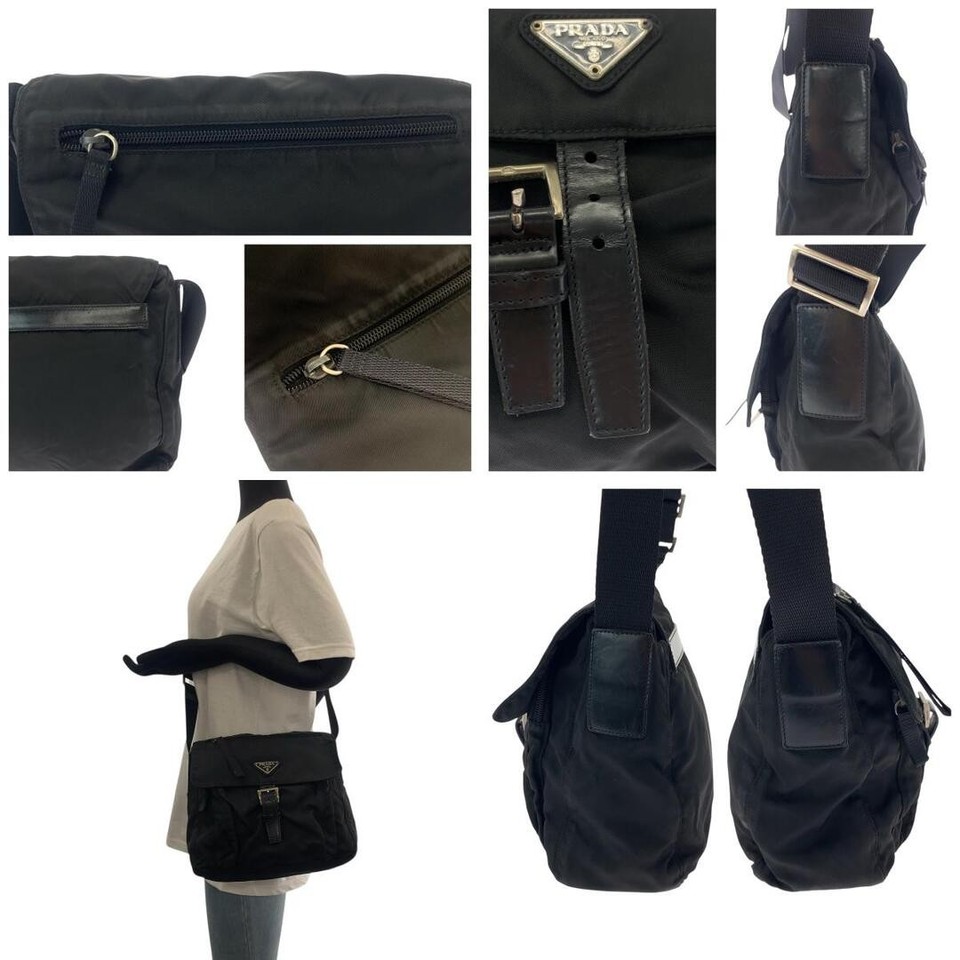 Excellent condition PRADA Tessuto triangle logo plate black silver ...