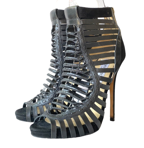 JIMMY CHOO Black Leather Caged Peep Toe Strappy Bootie Sandals, Size 38 ...