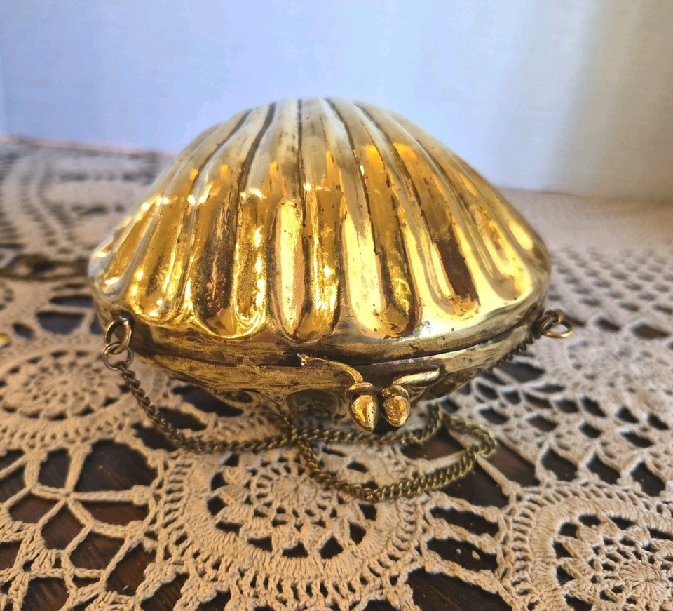 Vintage Art Deco Style Solid Brass Gold Tone Metal Clam Shell Kiss Lock ...