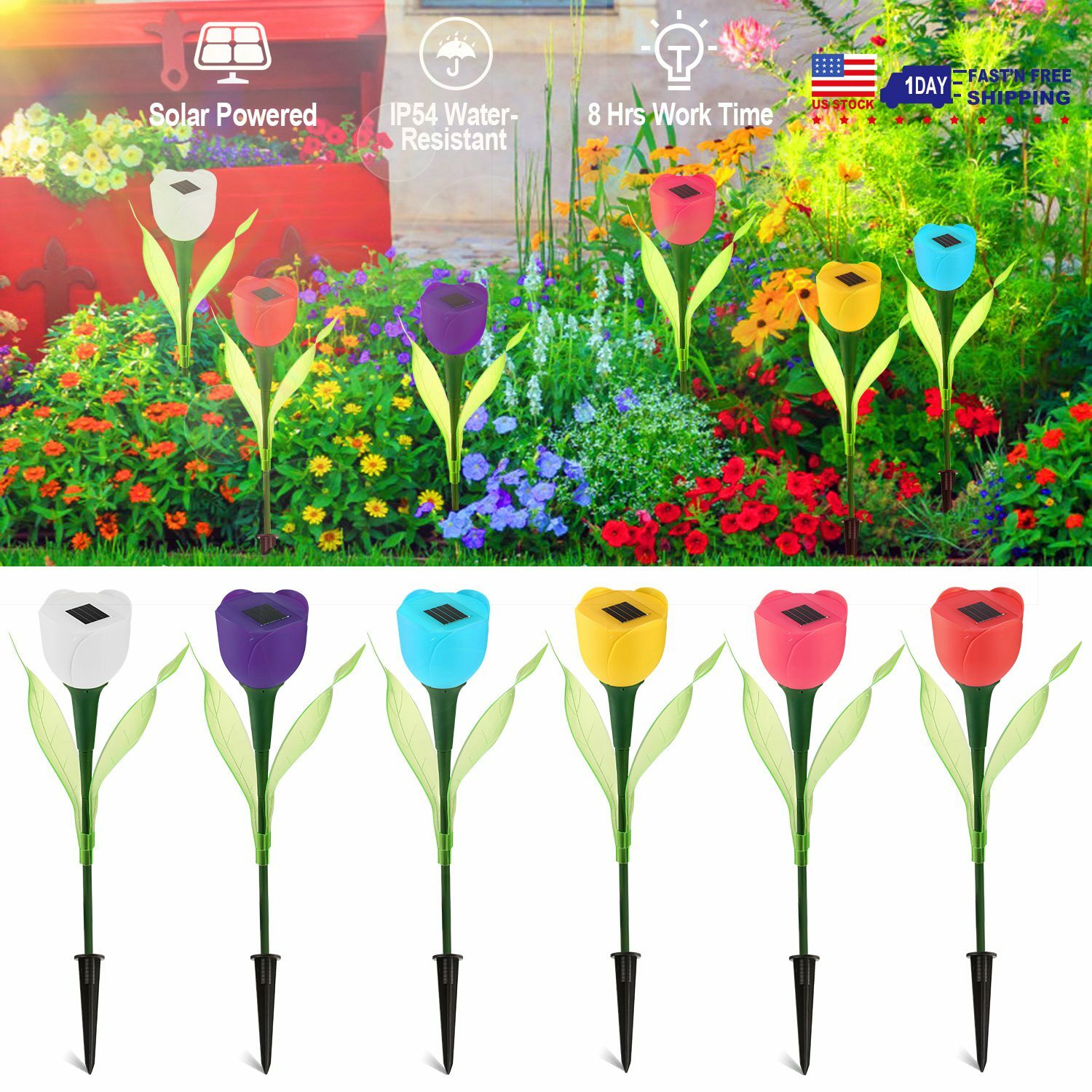 6x Outdoor Solar Powered LED Tulip Flower Lights Garden Lawn Pathway ...