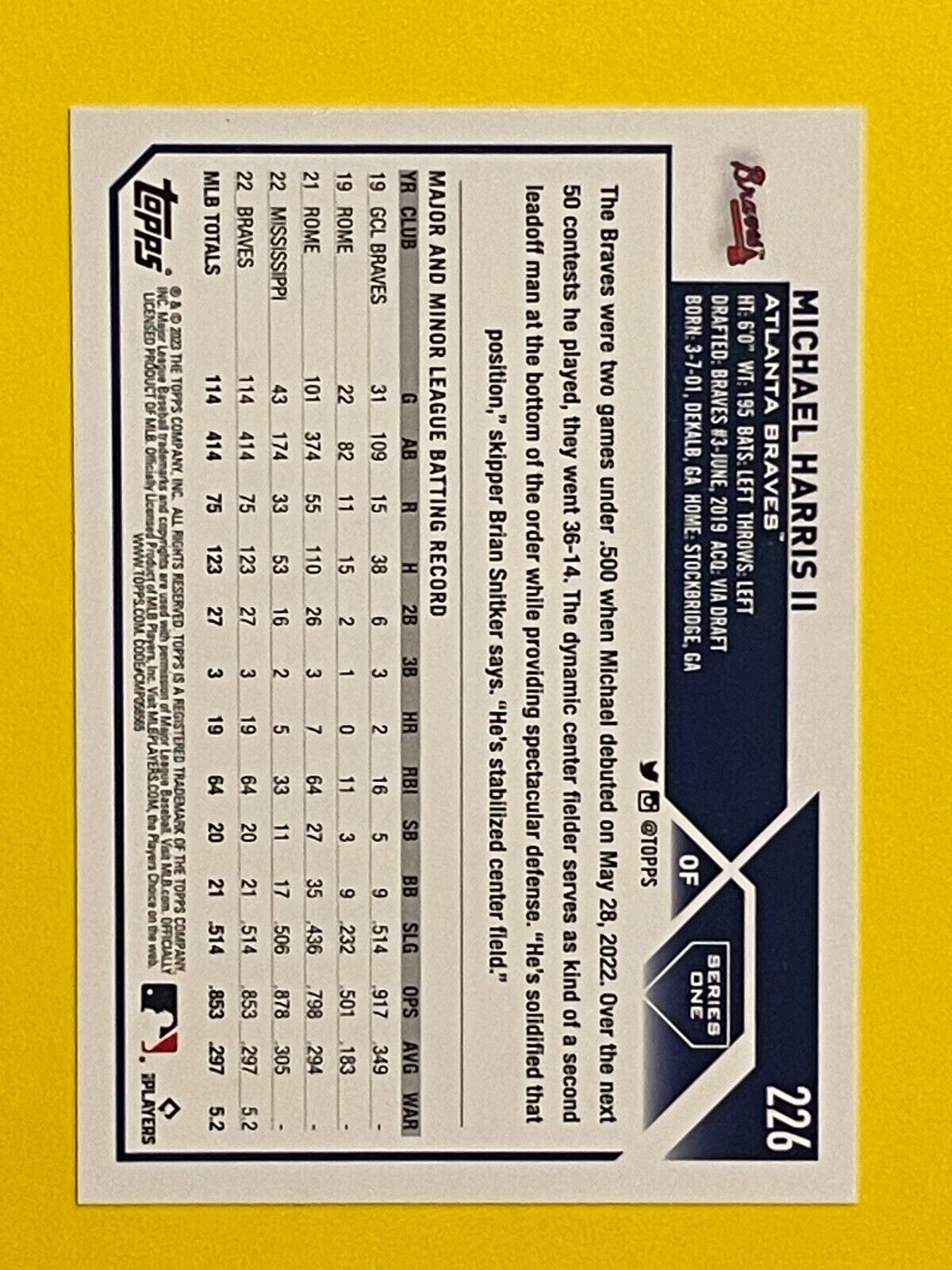 2023 Topps MICHAEL HARRIS II rookie card #226 Atlanta Braves 1.00 ...