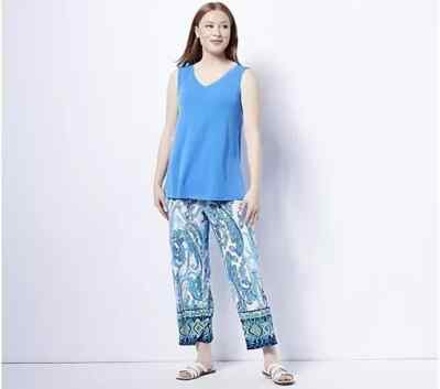 Susan Graver Liquid Knit Tank & Crop Pants Set-Blue Paisley-Petite 5X ...