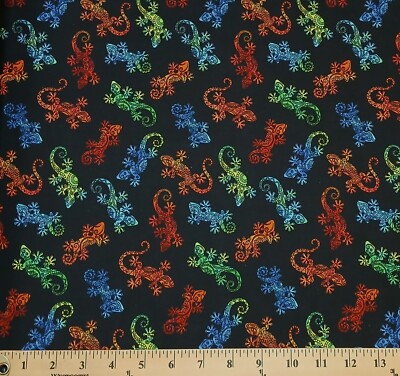 Cotton Geckos Lizards Reptiles Belle & Blue Black Fabric Print by Yard ...