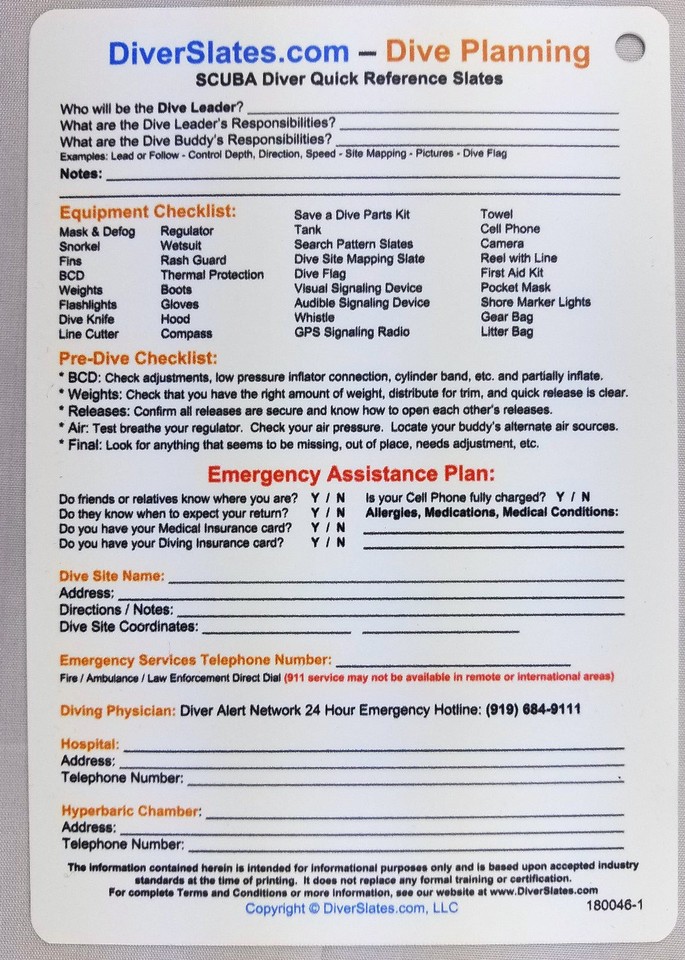 Dive Planning Slate - - Scuba Equipment for your Pre Dive Checklist | eBay