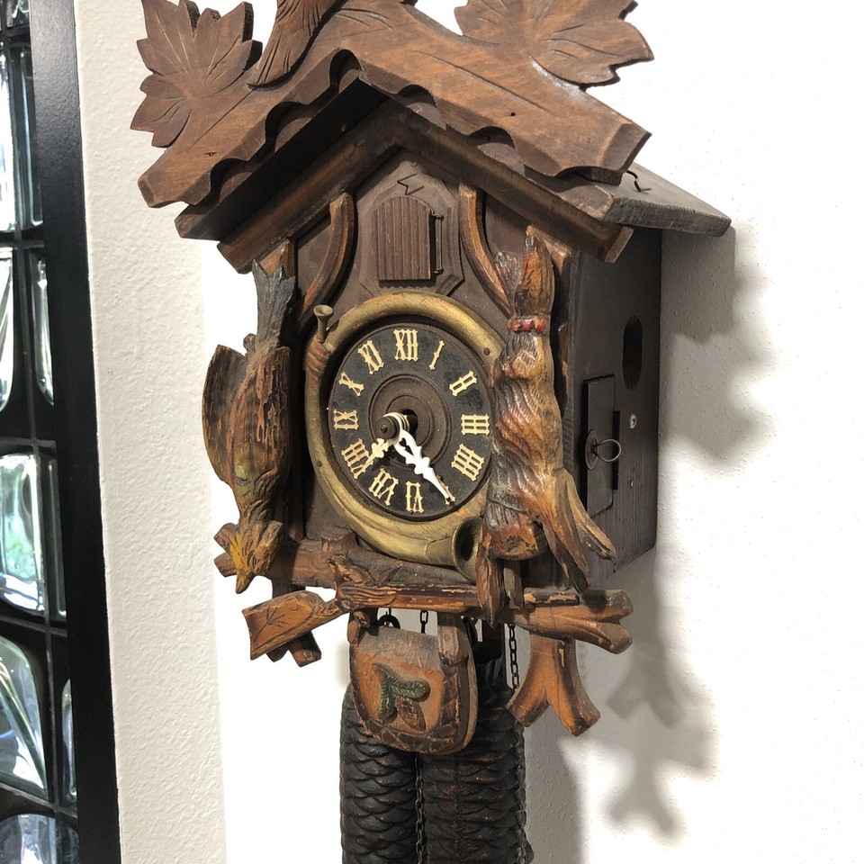 Vintage Black Forest Cuckoo Clock Germany Birds Rabbit Leaves - stored ...
