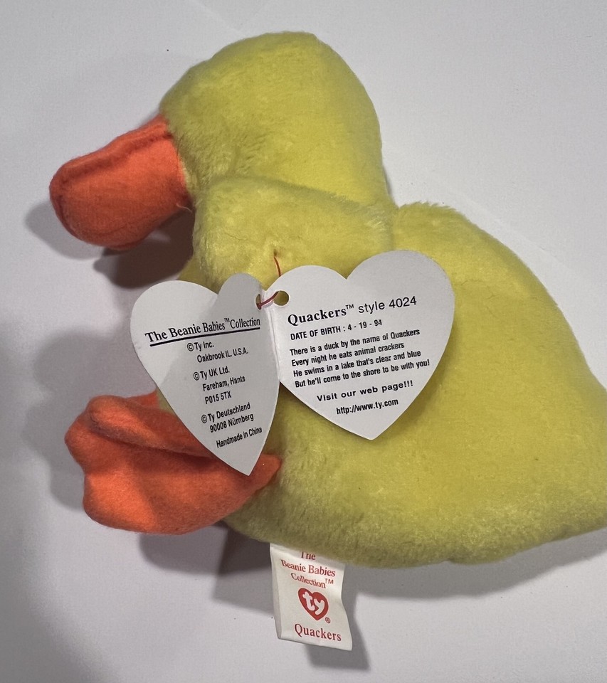 Ty Beanie Baby Quackers the Duck DOB April 19, 1994 8421040247 | eBay
