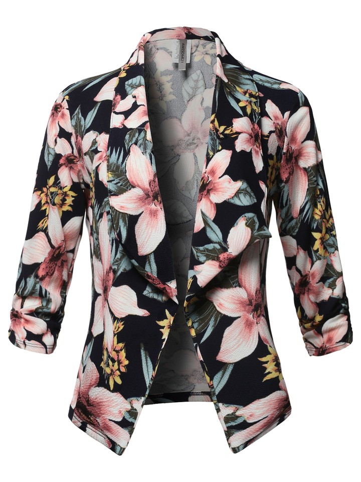 FashionOutfit Women's Solid/Print Stretch 3/4 Gathered Sleeve Open ...