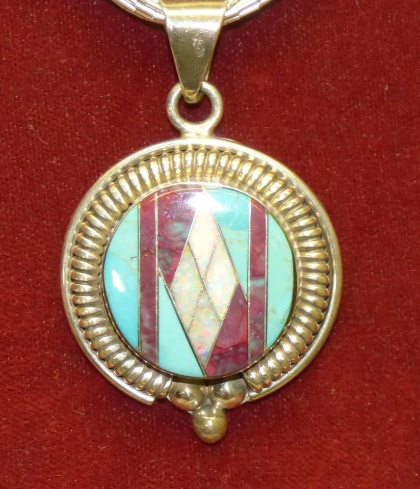 Sterling Liquid Silver Necklace w/ Opal Turquoise Inlay Pendant Signed ...