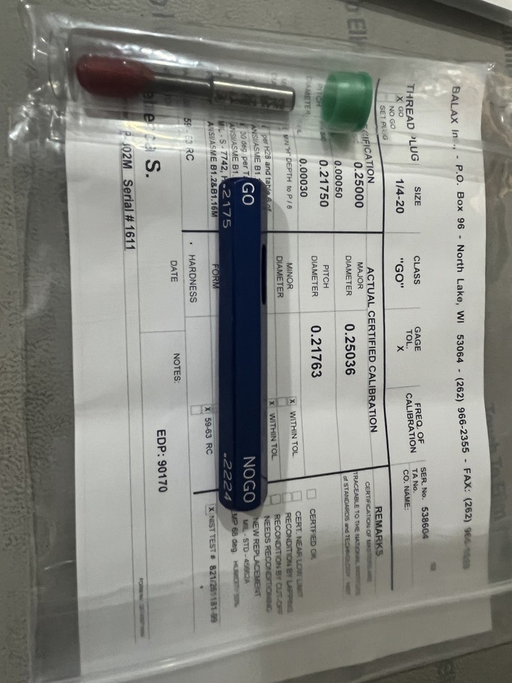 Balax GWS 90176-000 1/4-20 UNC-2B Go/No Go Thread Plug Gage Certs FREE ...