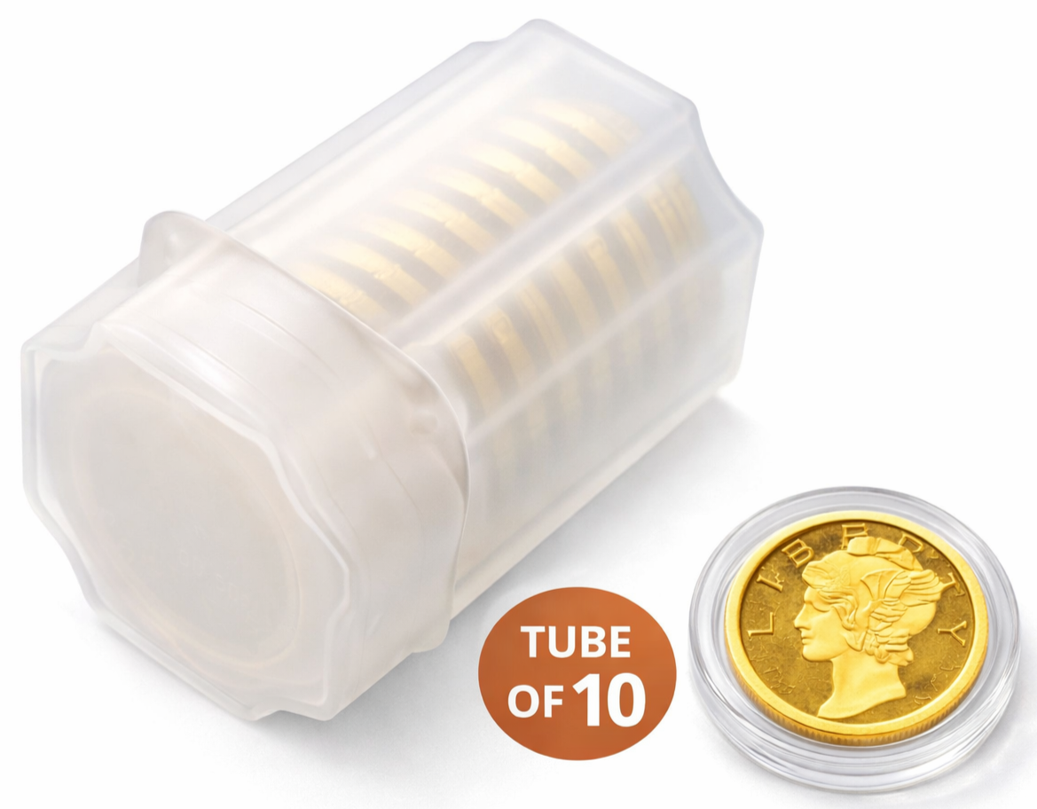 Tube of 10 Mercury Gold Dimes 1/200 oz .9999 Pure Gold Bullion Rounds ...