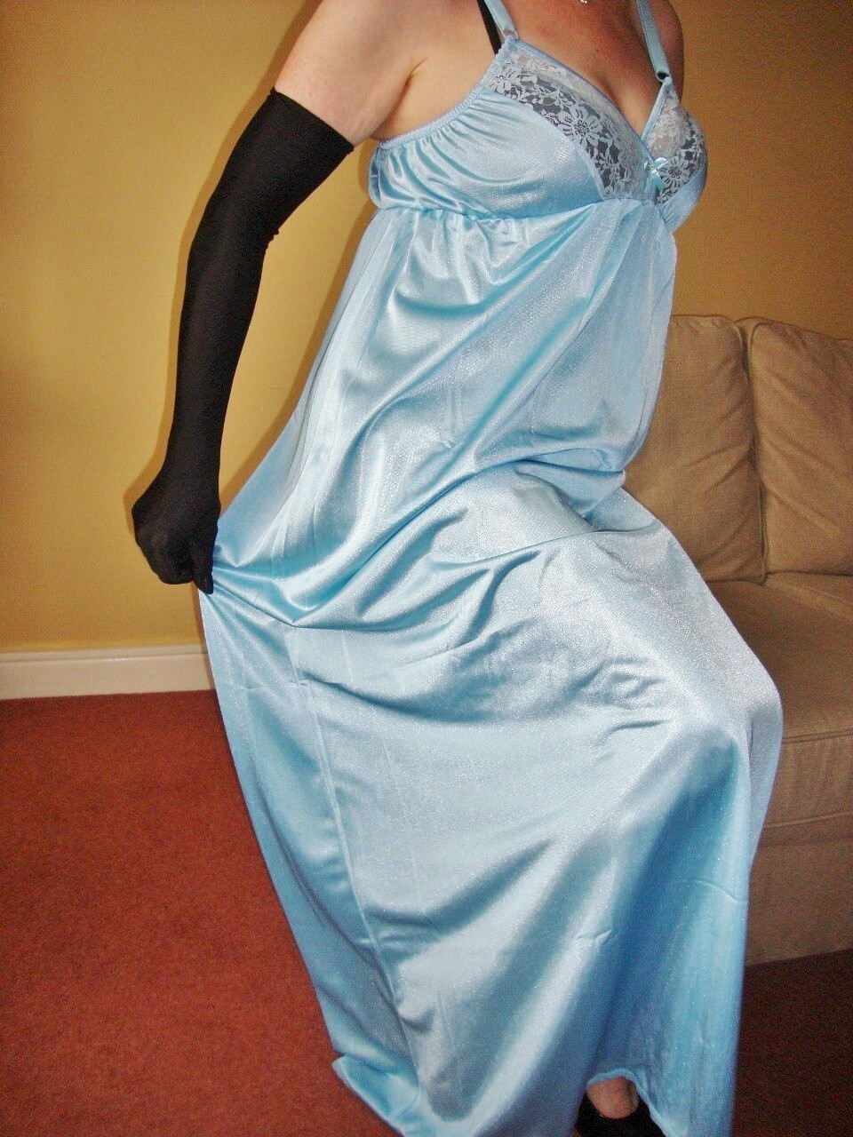 Iced Turquoisee Silky & Lacy Long Formal Length Bra Slip or Nightgown L ...
