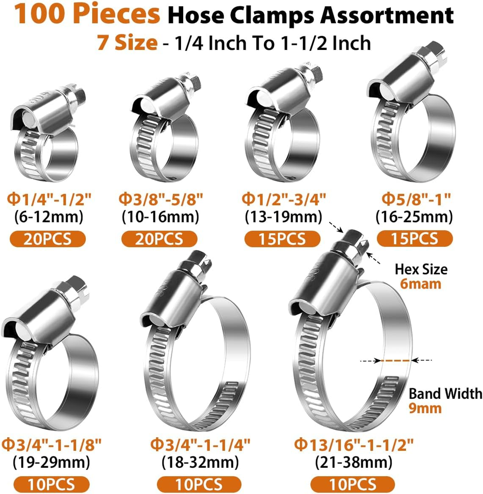 100 PCS Heavy Duty Stainless Steel Hose Clamps Assortment Kit 1/4"- 1-1 ...