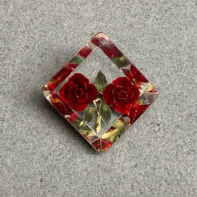 Red Rose Pin Brooch Square Shape Green Leaves Beveled Clear Acrylic ...